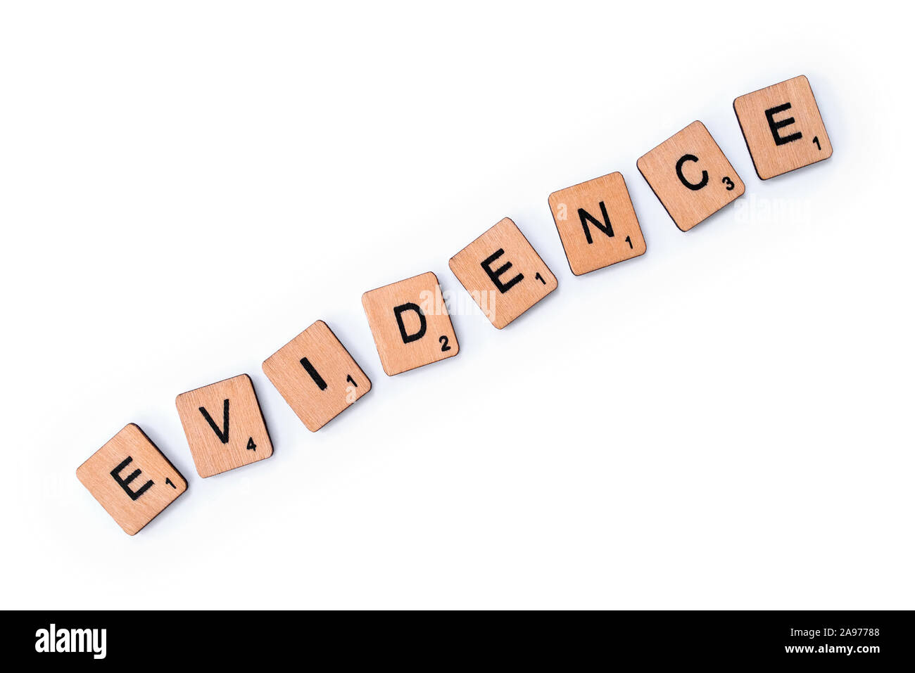 London, UK - July 8th 2019: The word EVIDENCE, spelt with wooden letter ...