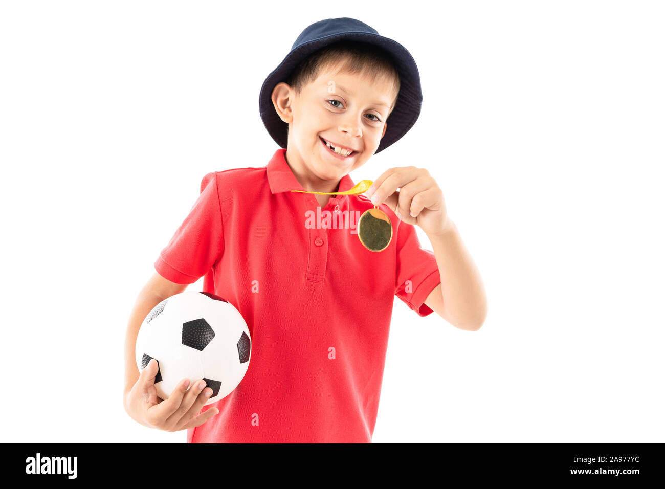 Caucasian teenager boy winner of soccer competition, picture isolated ...