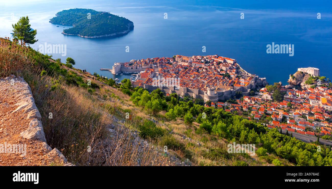 Aerial panoramic view of Lokrum island and Old Town of Dubrovnik with ...