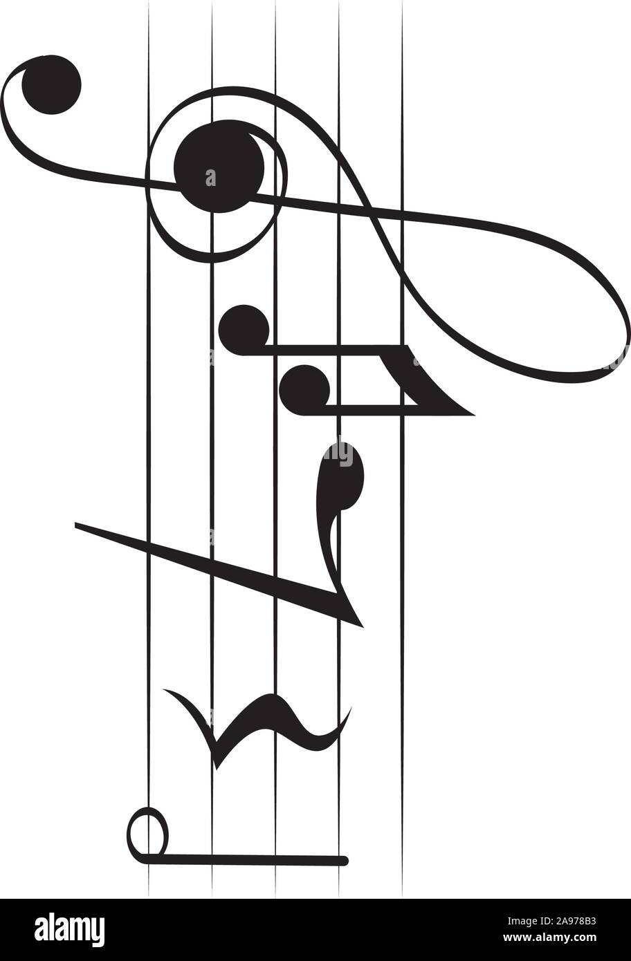 Isolated vertical musical pentagram with musical notes - Vector ...
