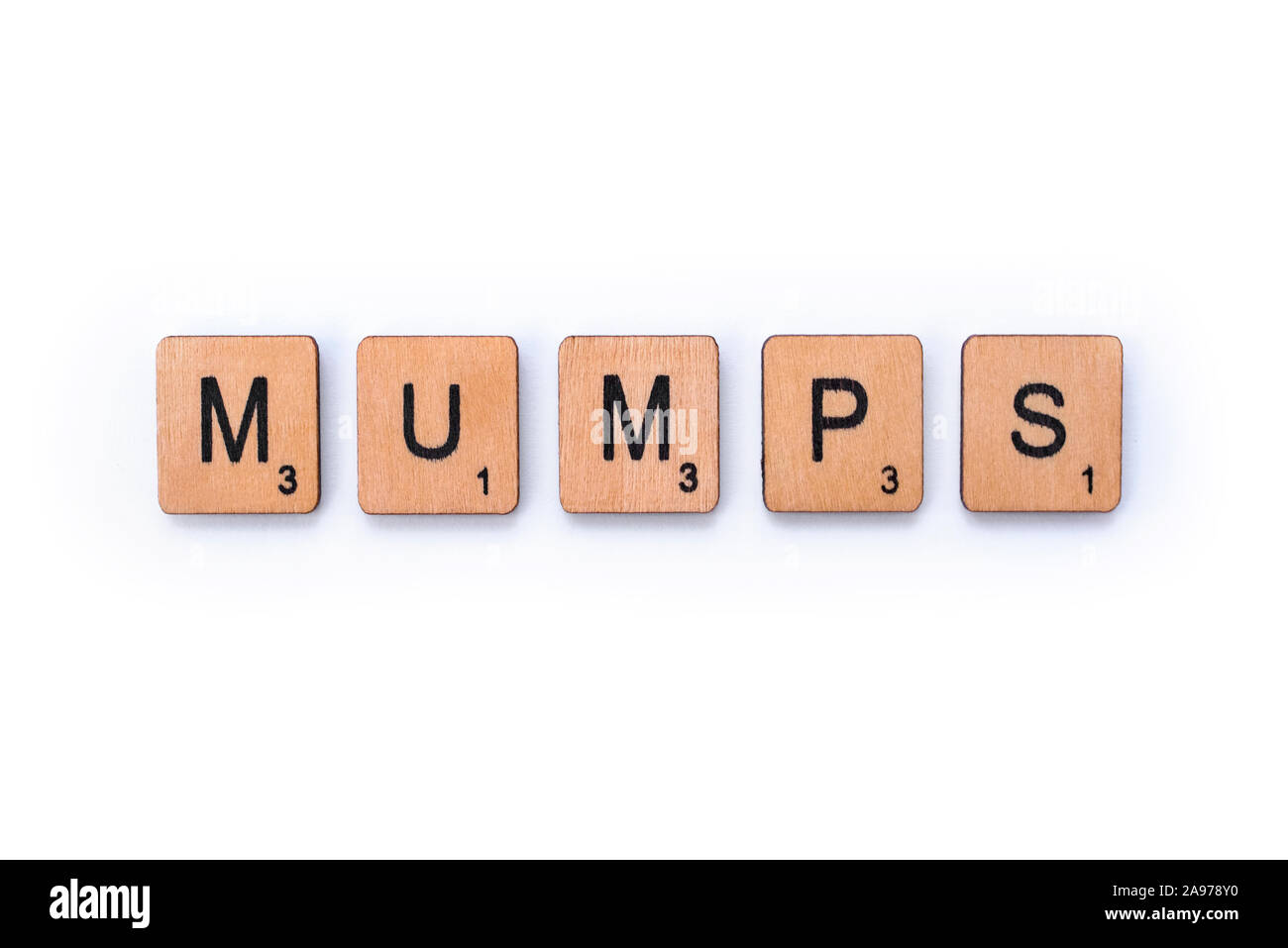 London, UK - June 16th 2019: The word MUMPS, spelt with wooden letter ...
