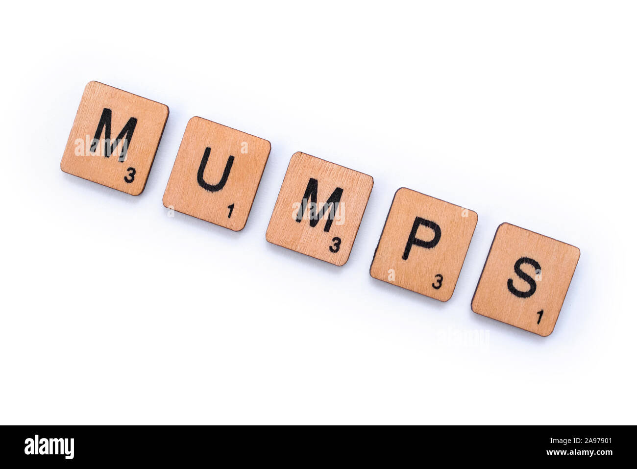 London, UK - June 16th 2019: The word MUMPS, spelt with wooden letter ...