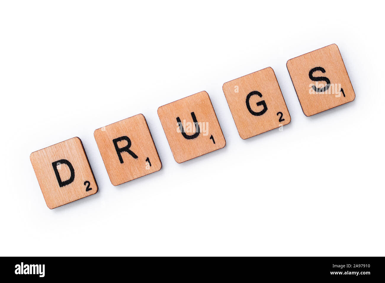 London, UK - June 16th 2019: The word DRUGS, spelt with wooden letter ...