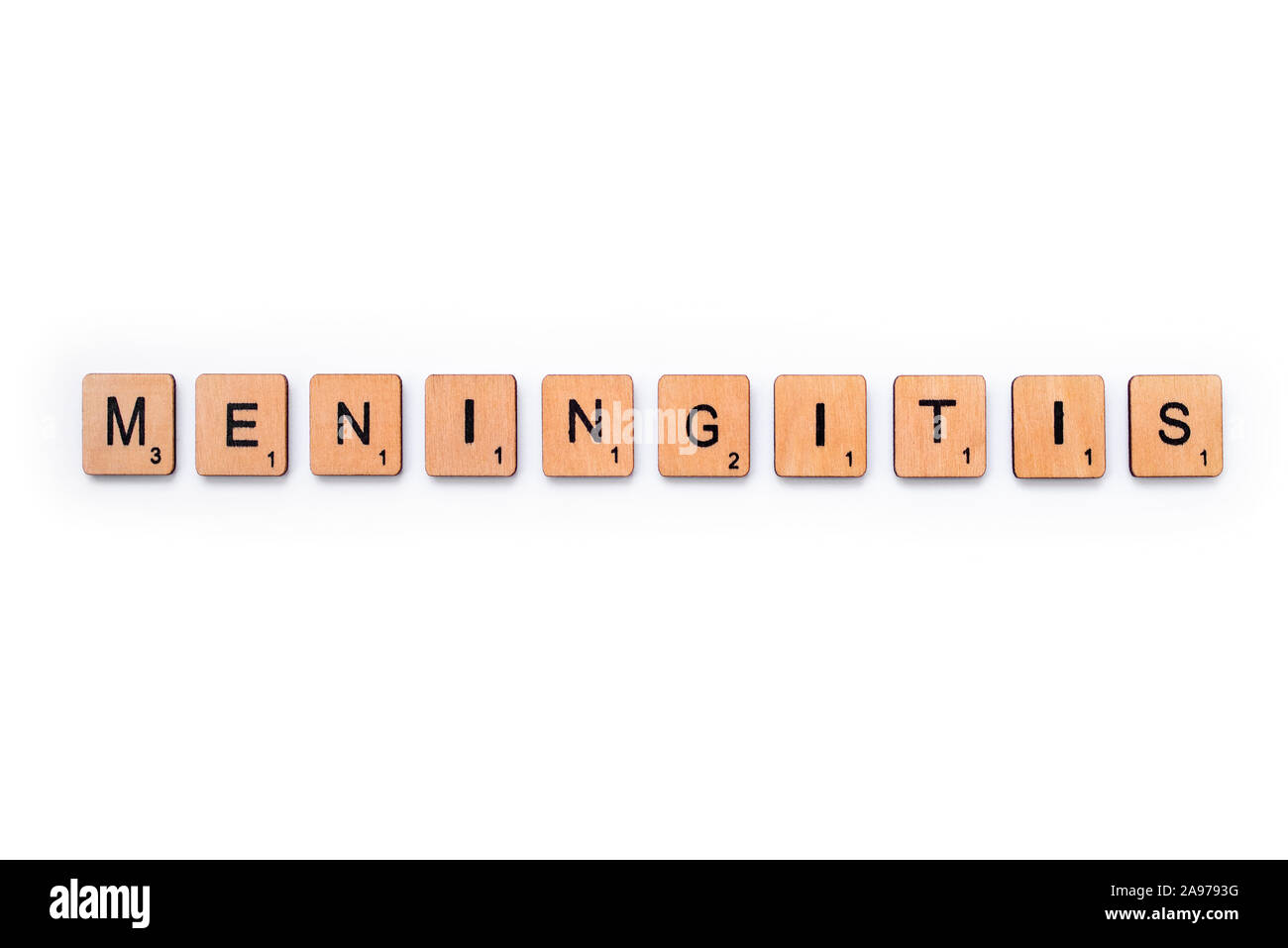 London, UK - June 16th 2019: The word MENINGITIS, spelt with wooden ...