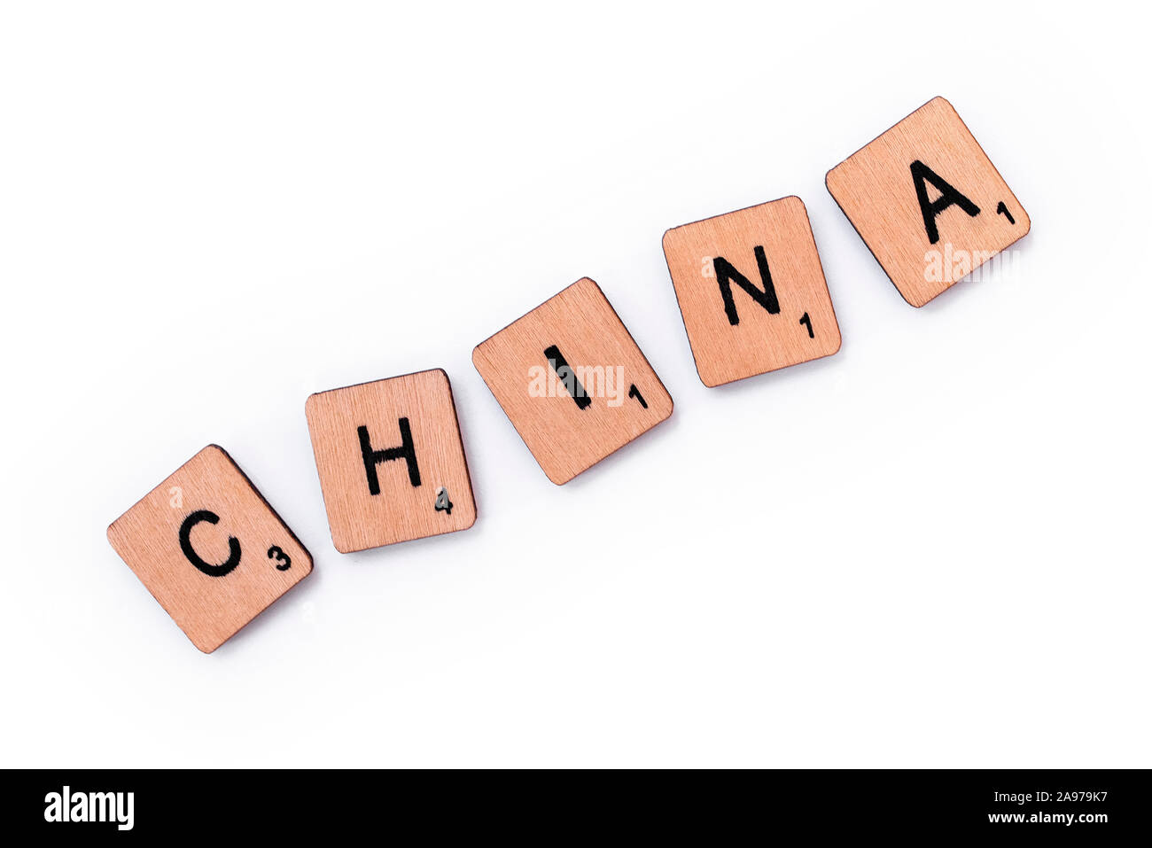 London, UK - June 16th 2019: The word CHINA, spelt with wooden letter ...