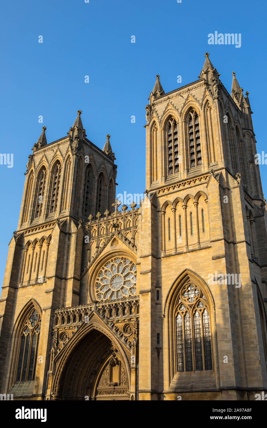 Looking up at the magnificent exterior of Bristol Cathedral in England ...