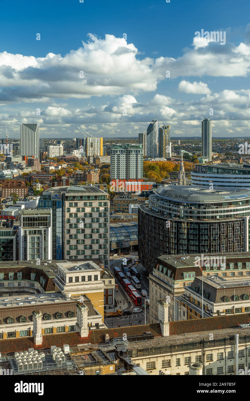 London cityscape with buses. Included scyscrapers Stock Photo - Alamy