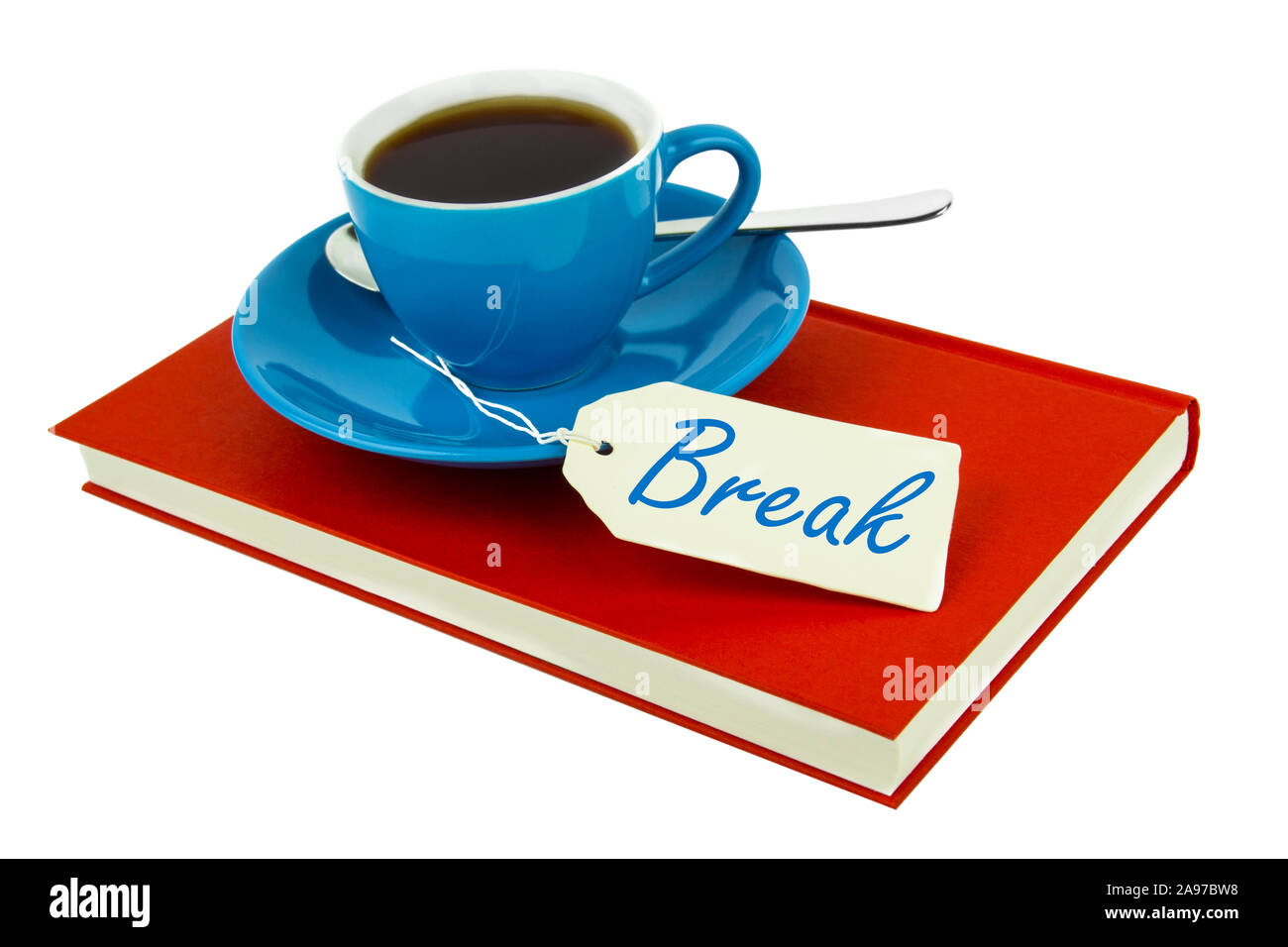Coffee and book with break label Stock Photo - Alamy