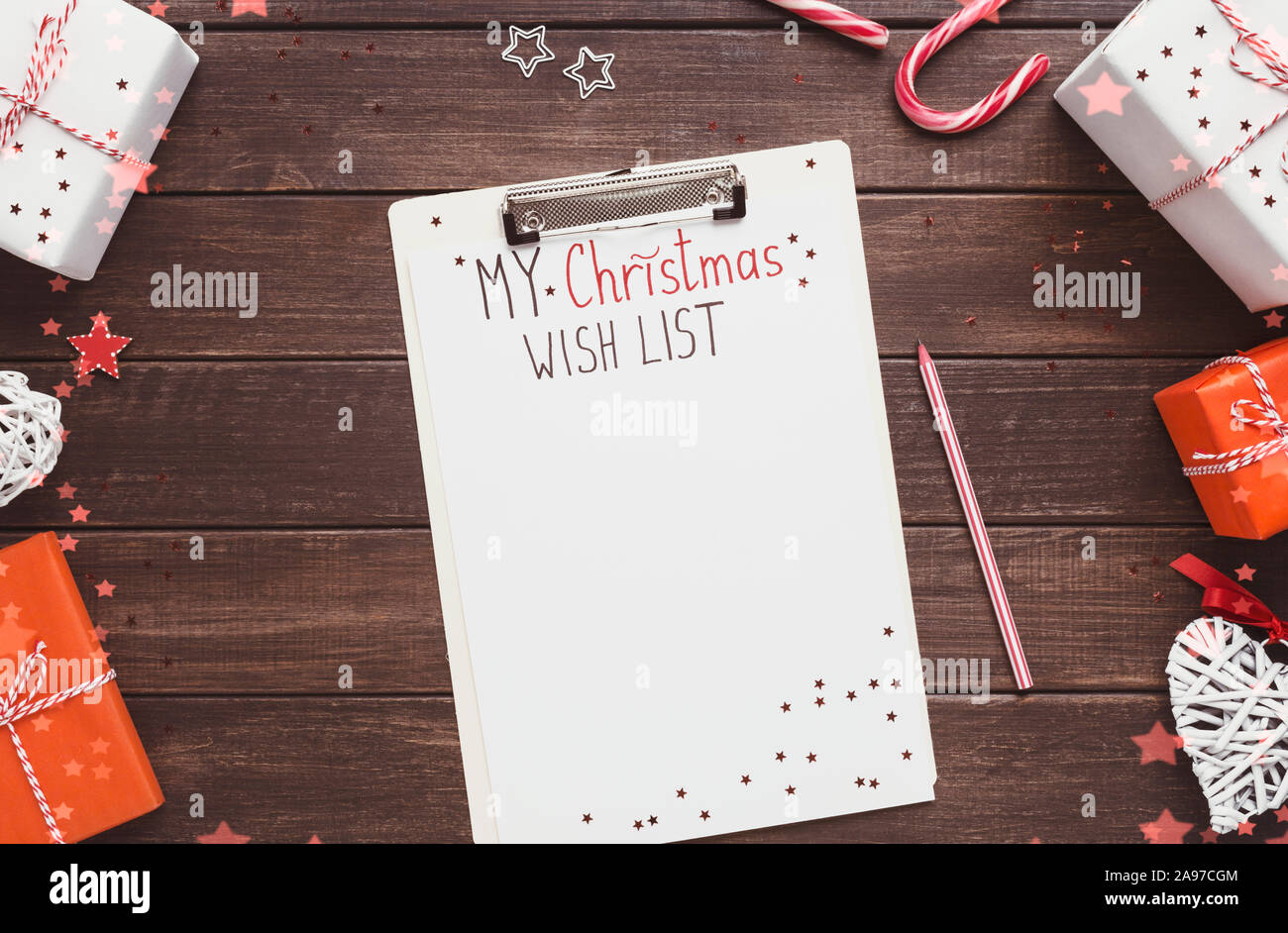 Creative Christmas background. Wishlist with copy space for text on ...