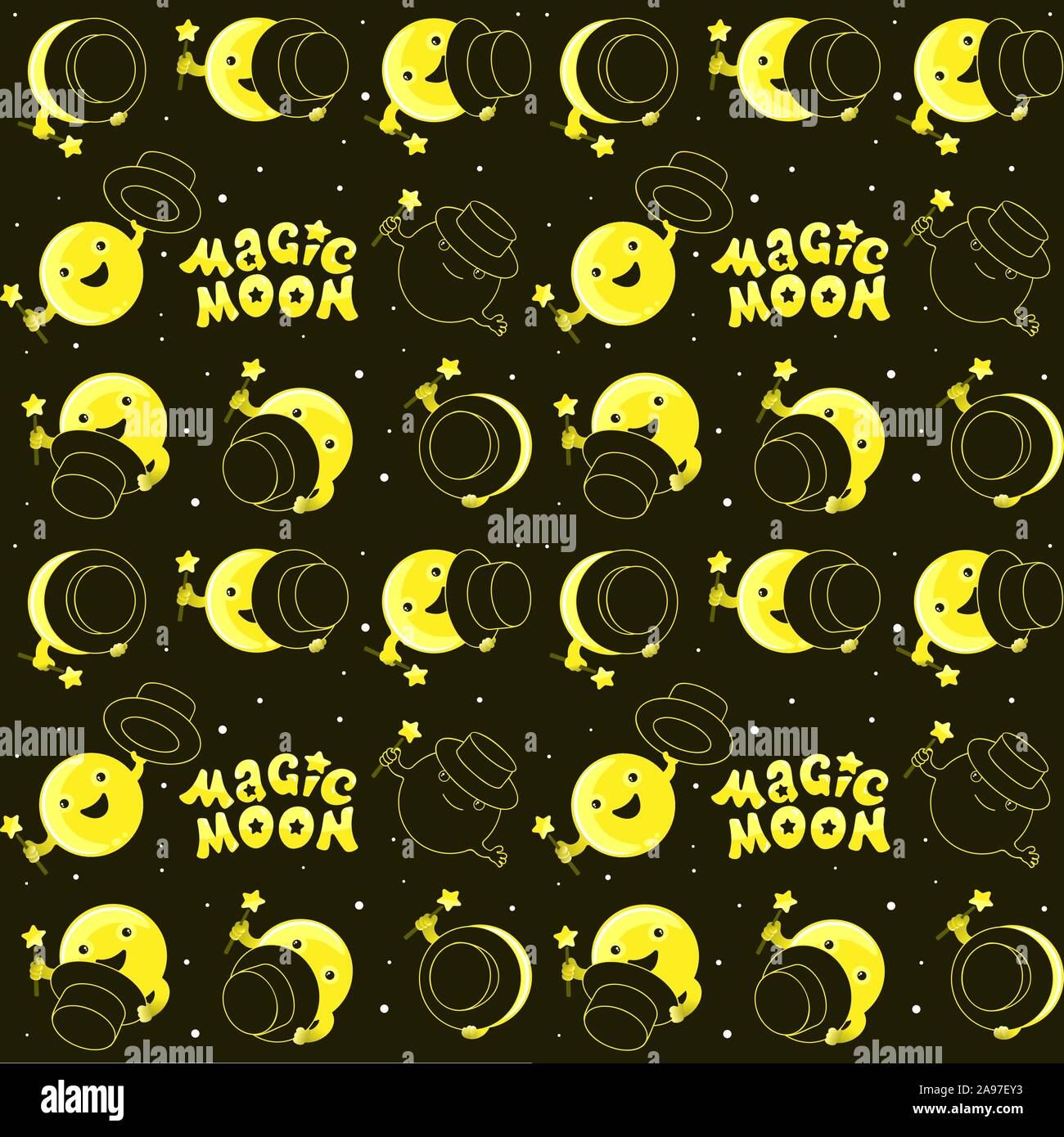 Moon phases, kawaii moon and magic show with magic hat. Seamless moon ...