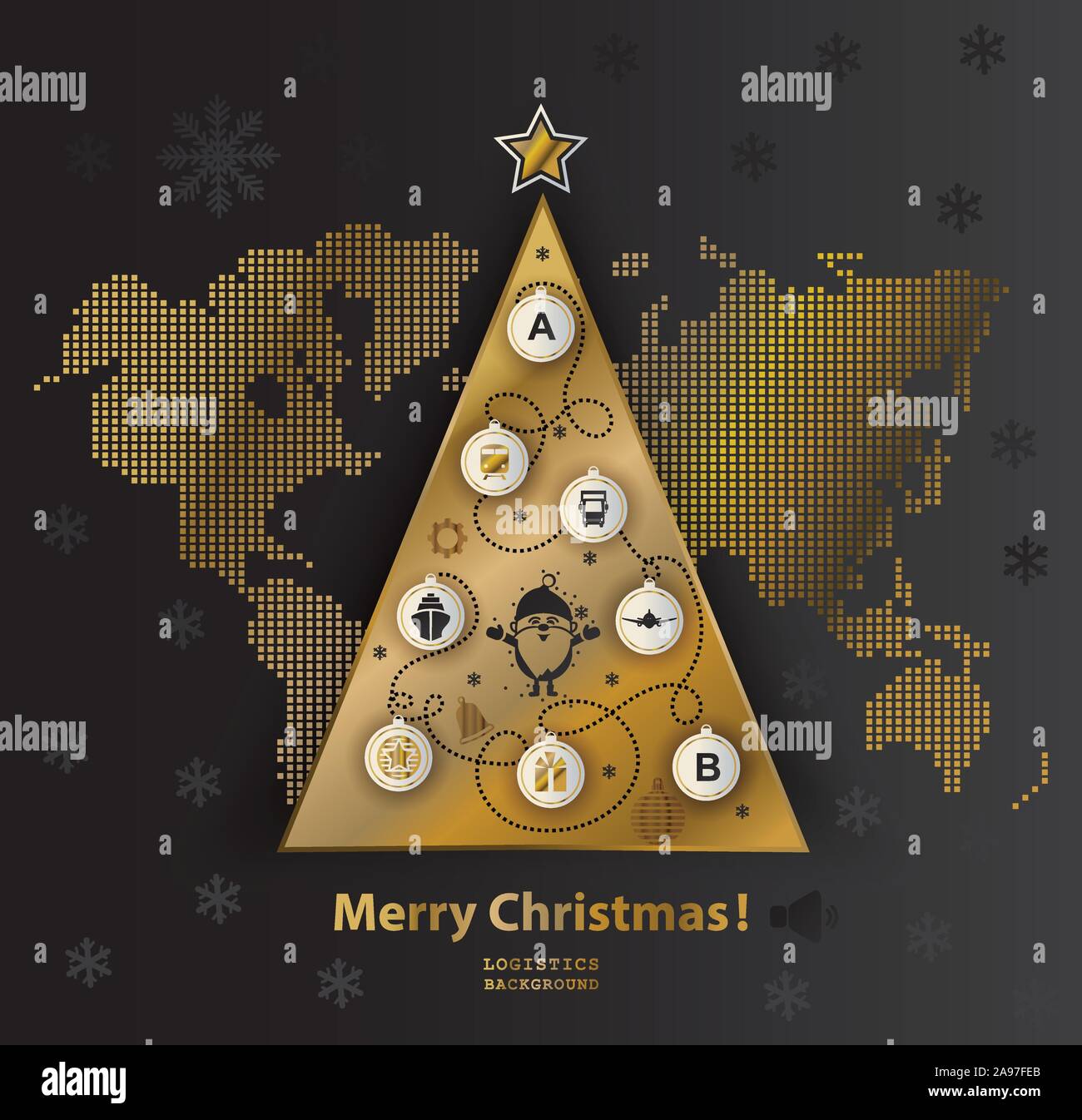 Christmas logistics card. Schematic christmas tree on schematic world ...