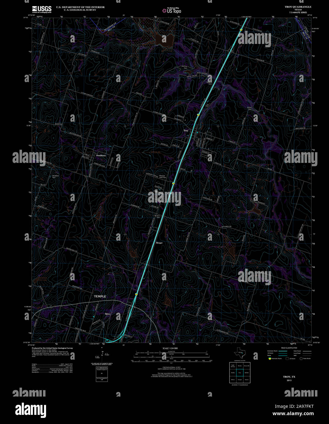 USGS TOPO Map Texas TX Troy 20130115 TM Inverted Stock Photo - Alamy