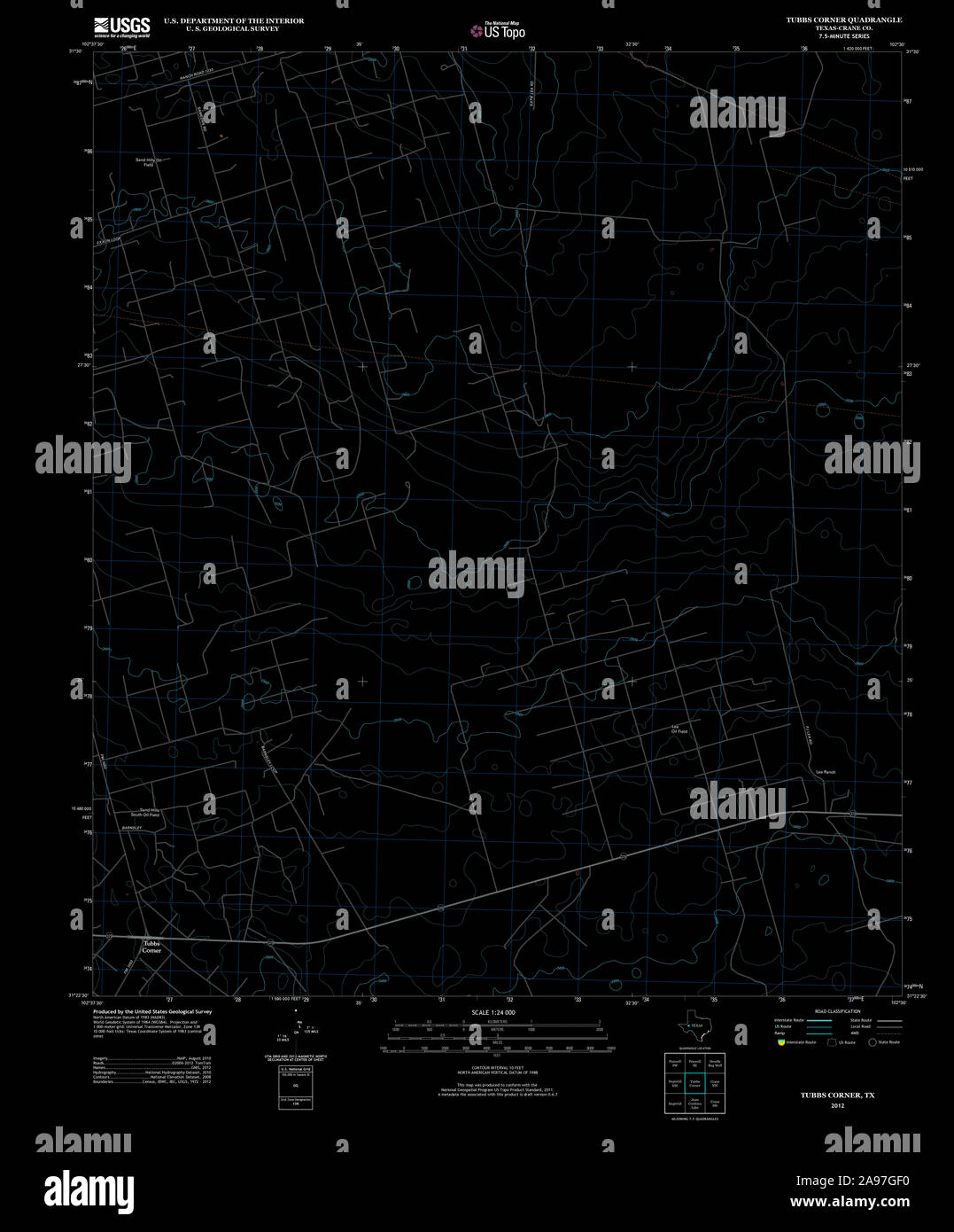 USGS TOPO Map Texas TX Tubbs Corner 20121220 TM Inverted Stock Photo ...