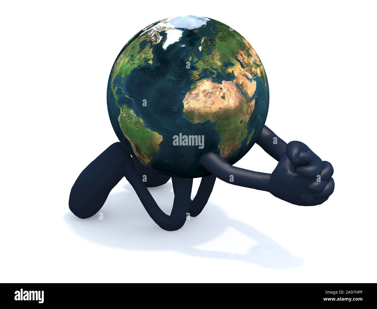 the planet earth with arms and legs praying on its knees, 3d ...