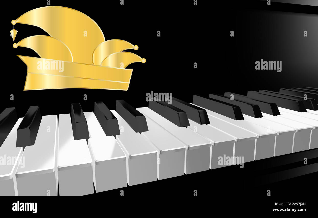 Golden fool cap on piano carnival background Stock Photo - Alamy