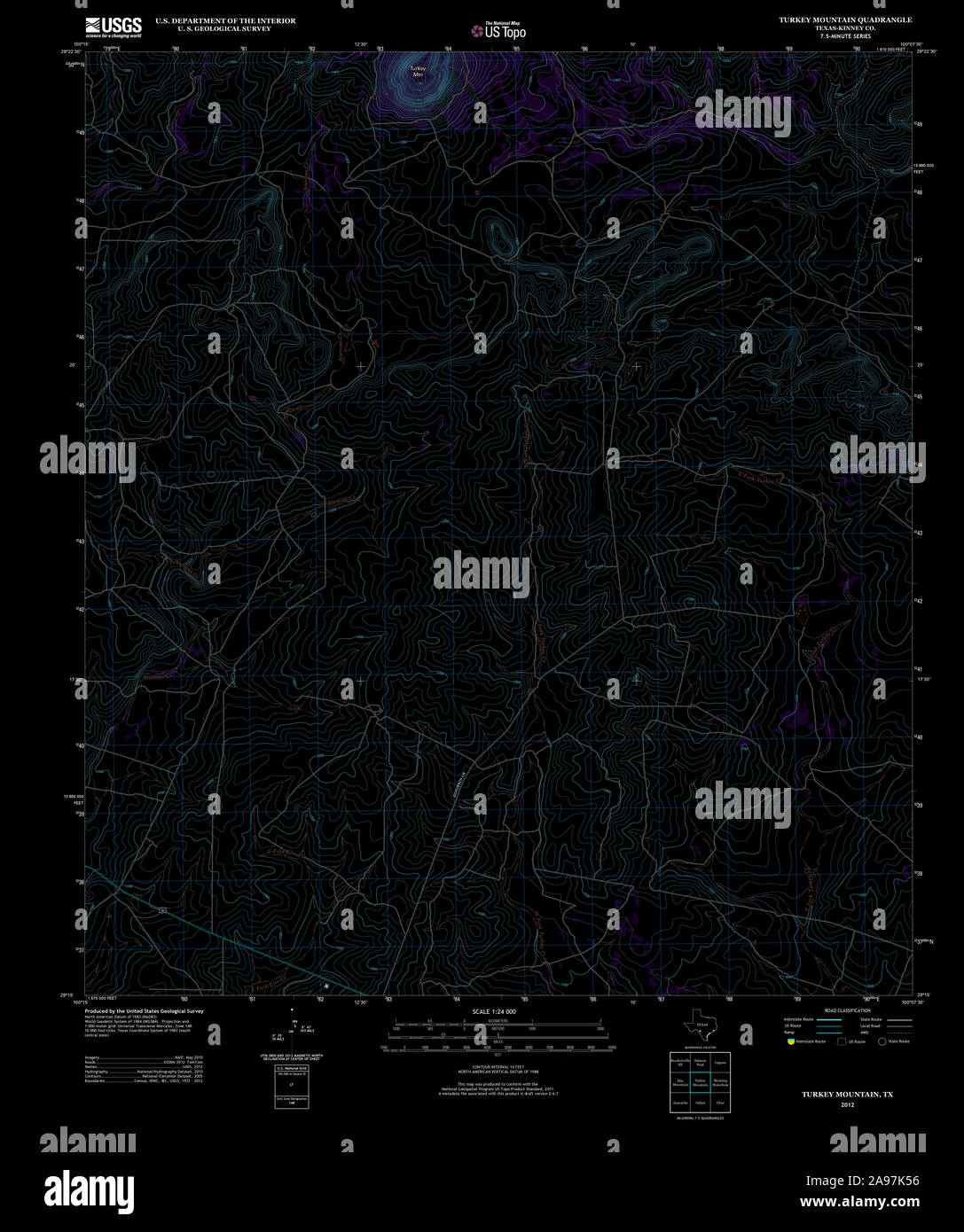 USGS TOPO Map Texas TX Turkey Mountain 20121220 TM Inverted Stock Photo ...