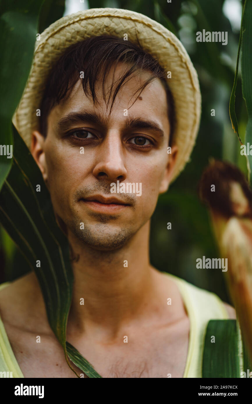 man in a hat in a corn field. man picks up corn Stock Photo - Alamy