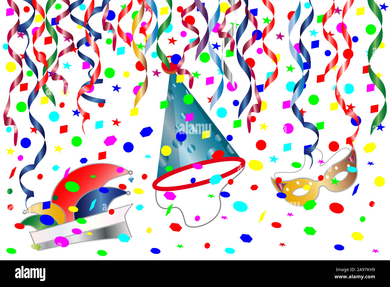 Colorful carnival party decoration on white background Stock Photo - Alamy