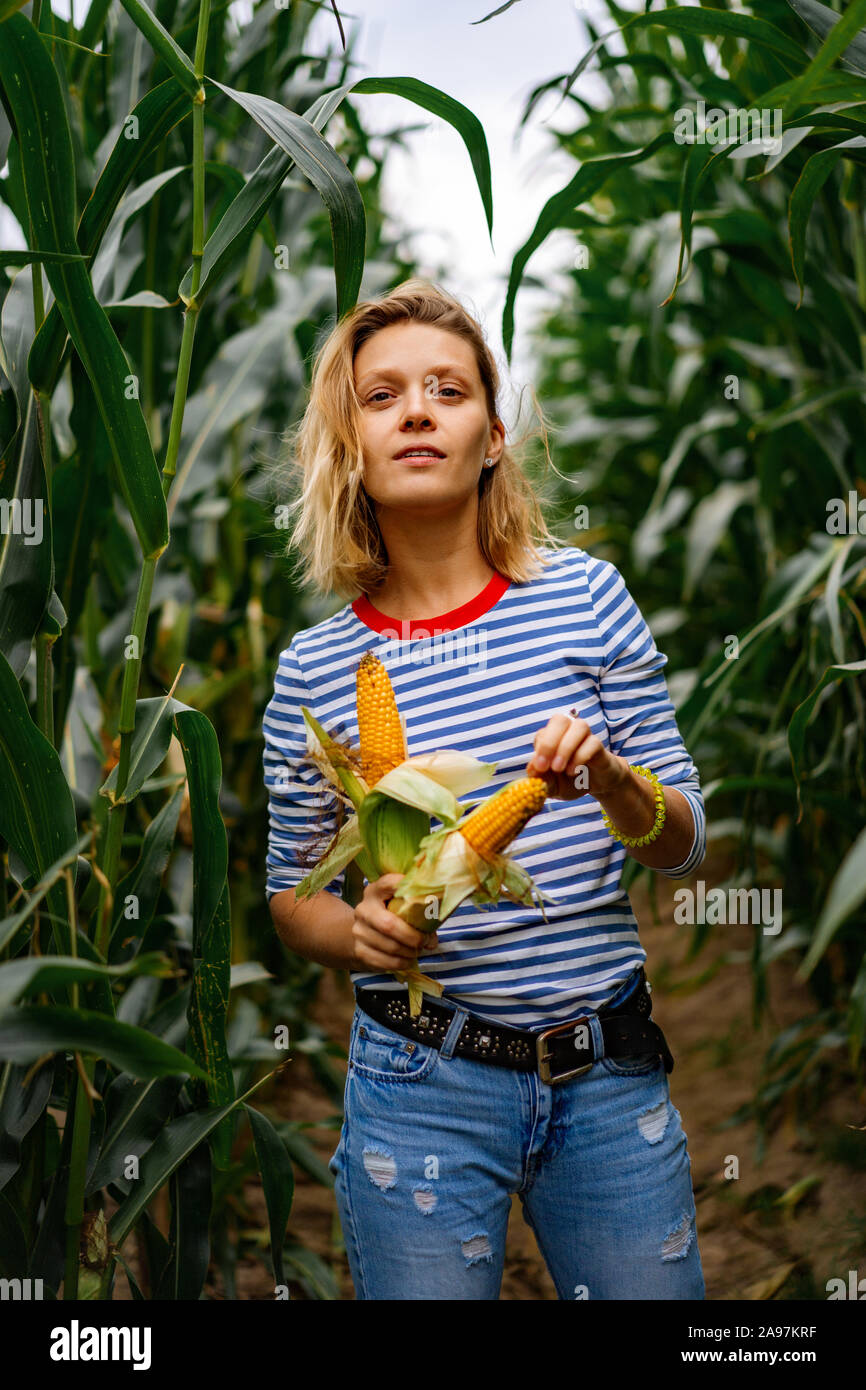 Girl in the corn field. Female picks up corn Stock Photo - Alamy