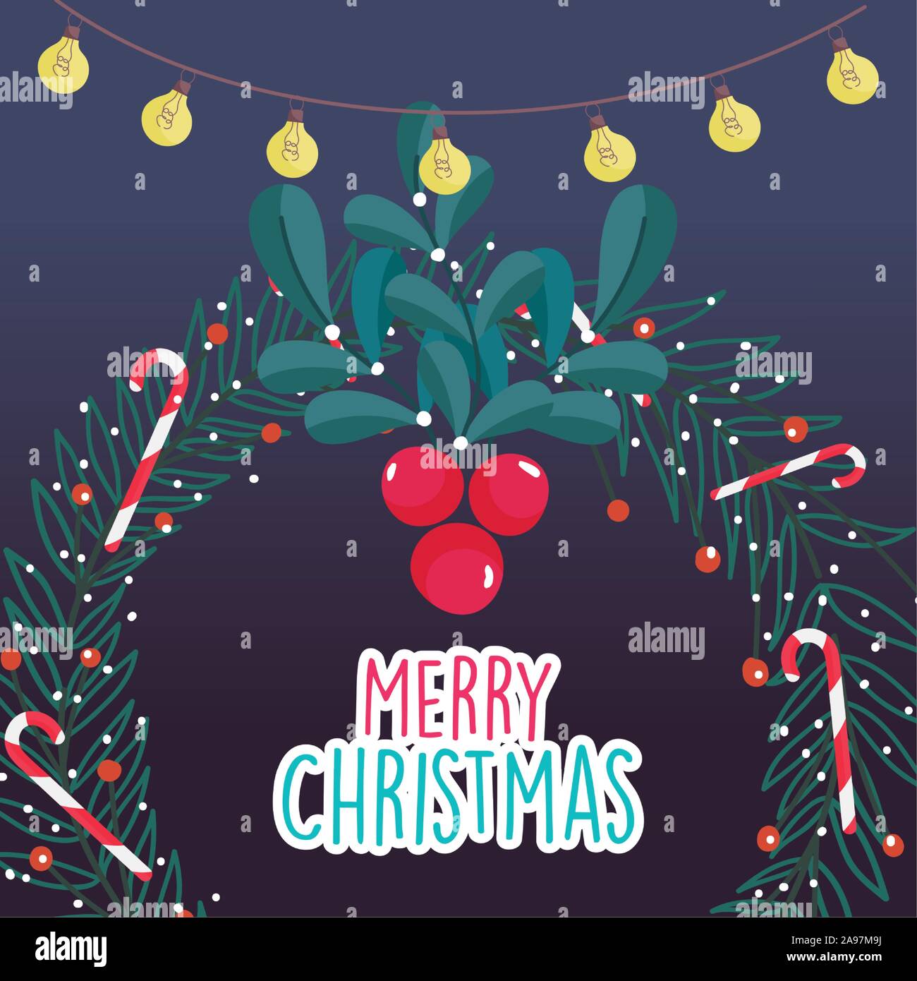 wreath berries candy cane lights merry christmas celebration vector ...