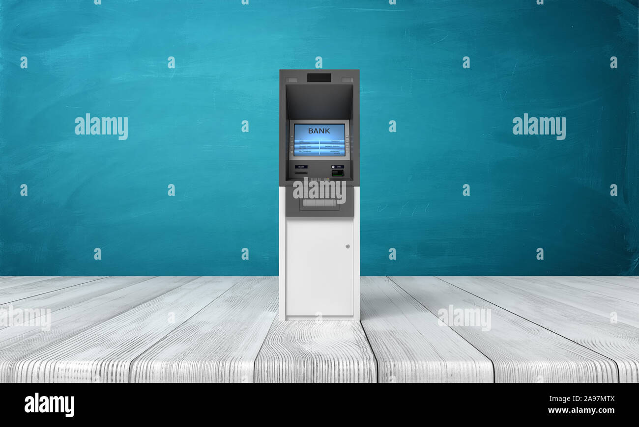 3d rendering of ATM machine on white wooden floor and dark turquoise ...