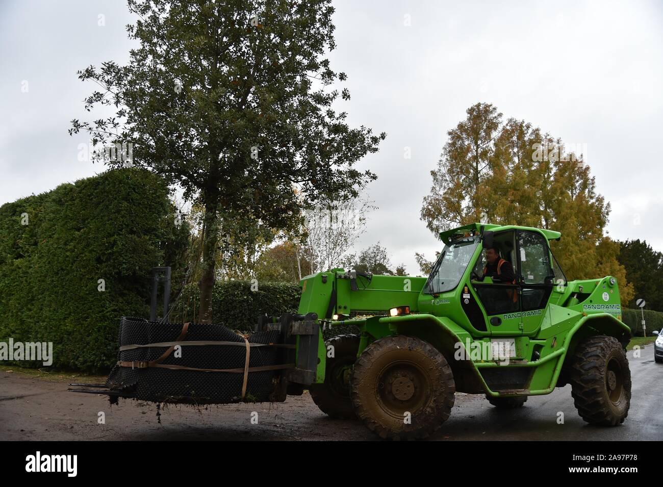 Tree nursery worker using heavy lifting equipment Stock Photo - Alamy