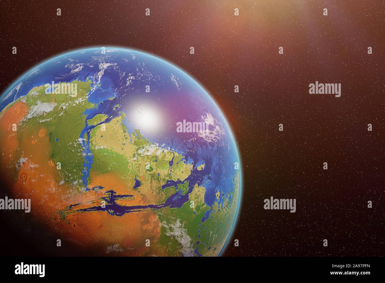 sunrise over terraformed Mars, plants and oceans on the red planet ...