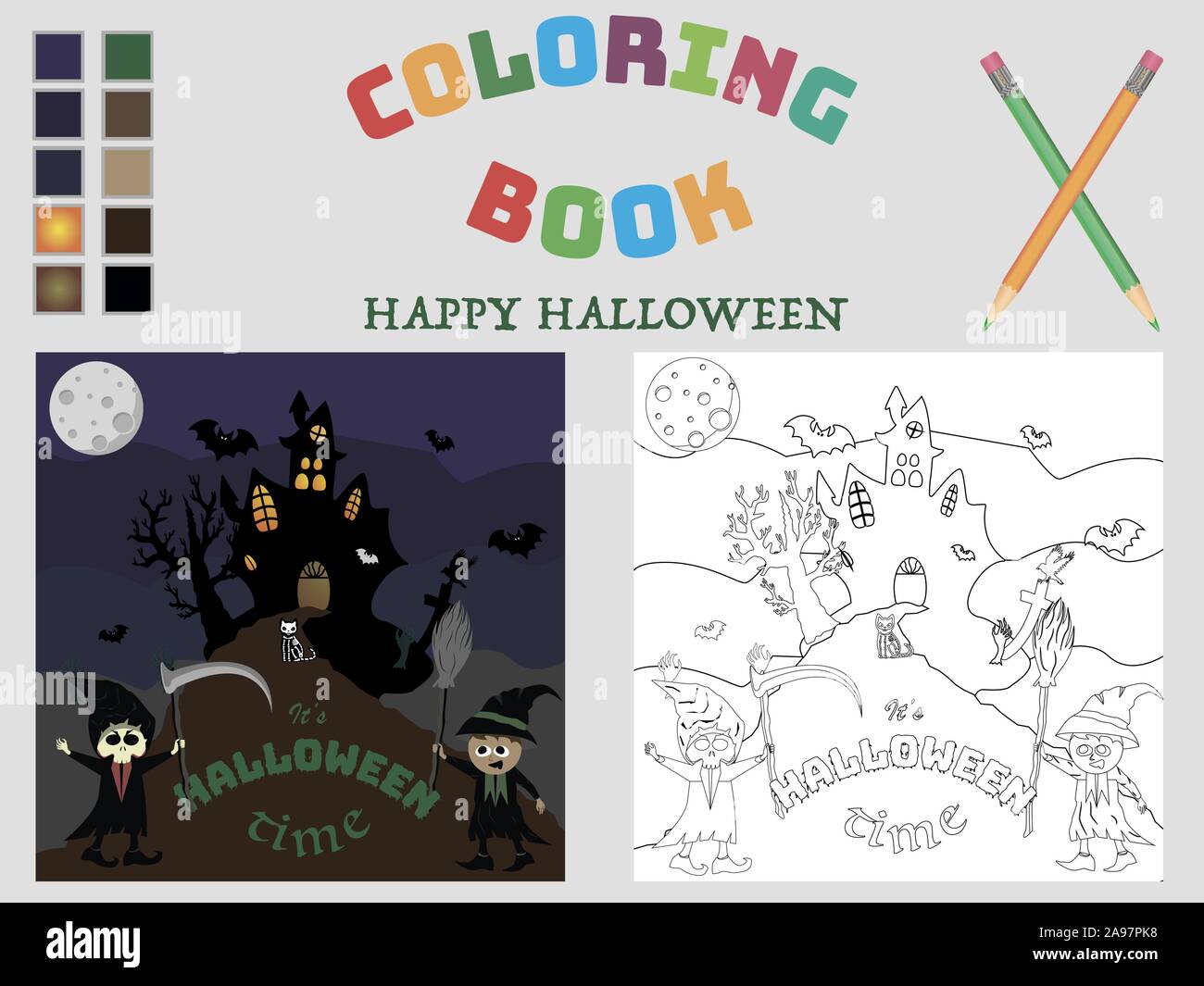 Halloween Holiday Colorful coloring page of book for kids and adult for ...