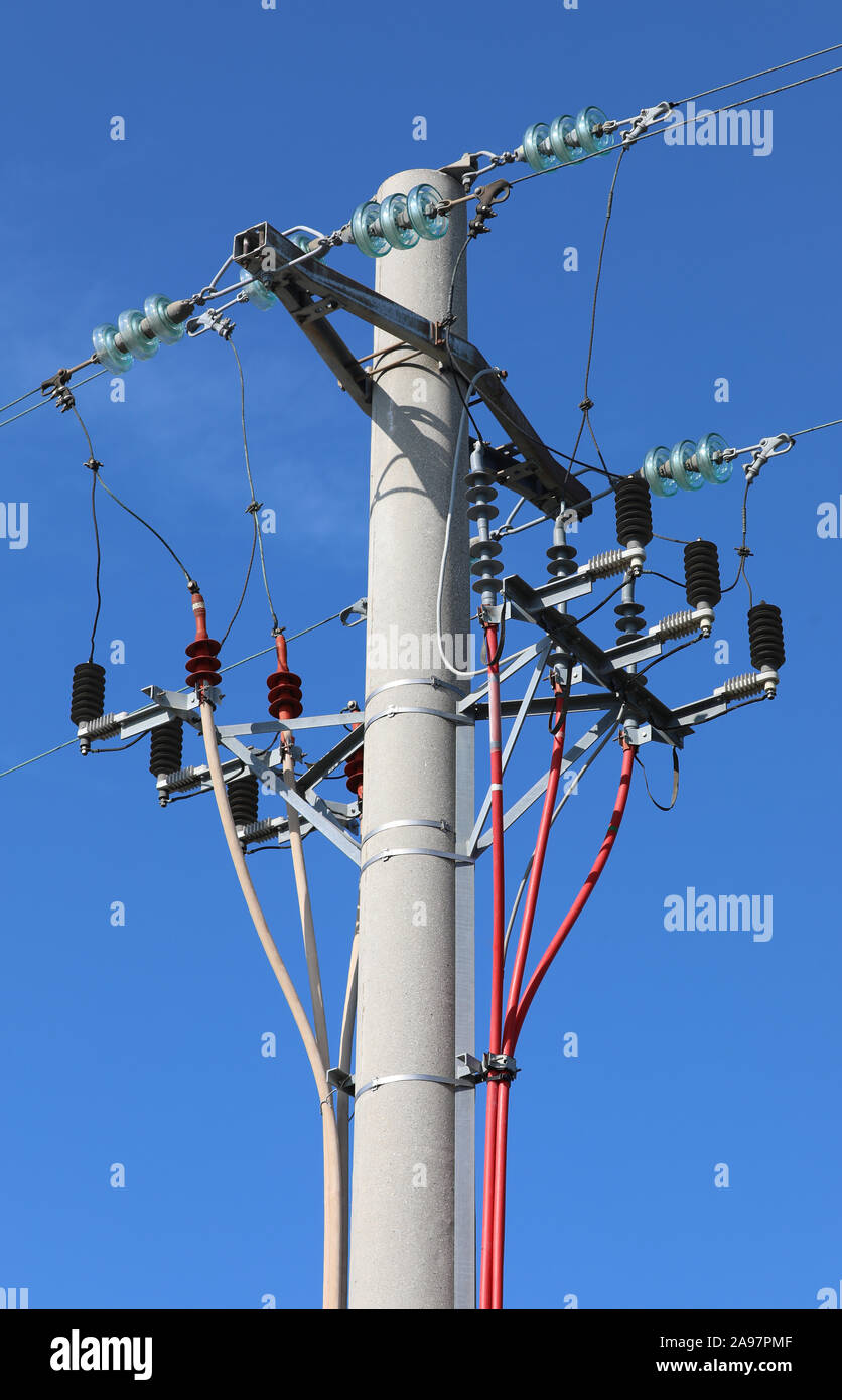 big pole with power line and the breaker or switch to open the circuit ...