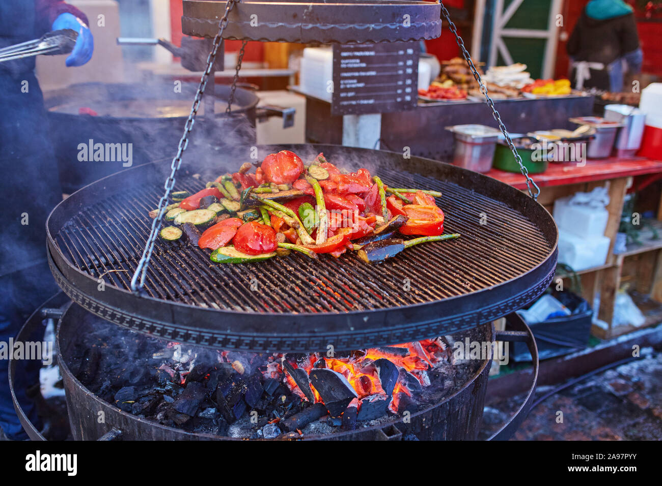 Food booth selling traditional Polish street food in Main Square at ...