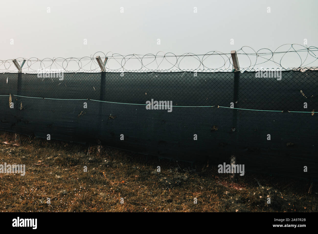 Barbed wire on a fence in a foggy day. Barbed wire fencing from the ...