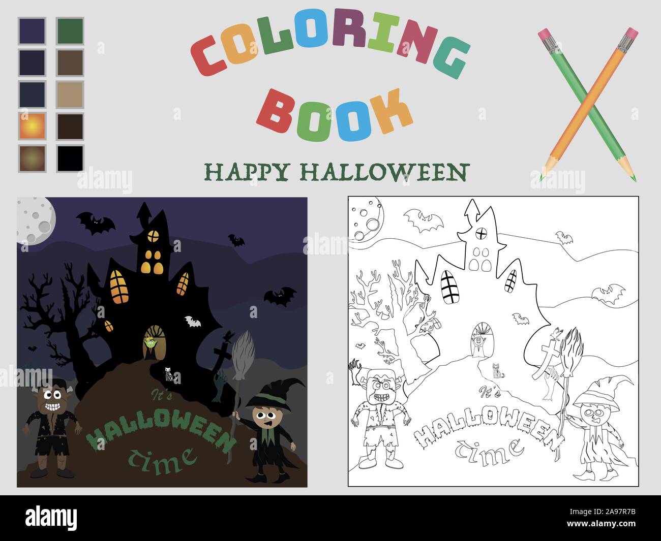 Halloween Holiday Colorful coloring page of book for kids and adult for ...