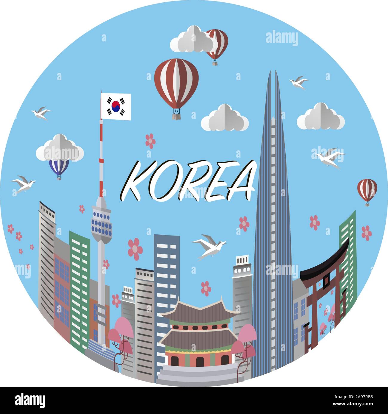 South Korea country city skyline with flag, craft vector illustration ...