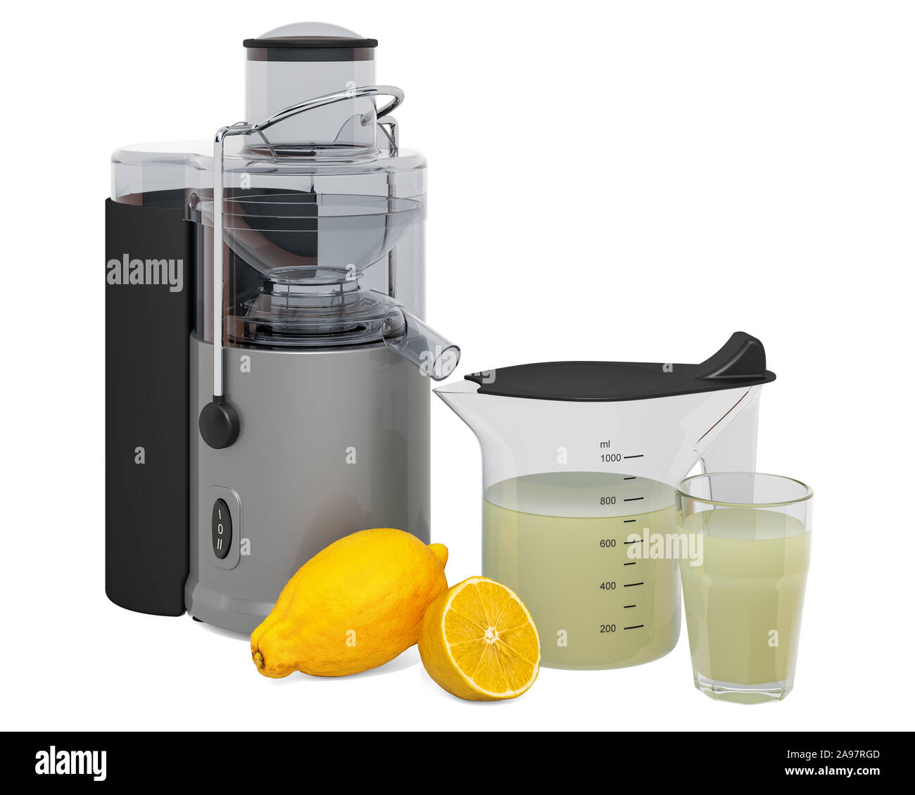 Lemon juice with electric juicer, 3D rendering isolated on white ...