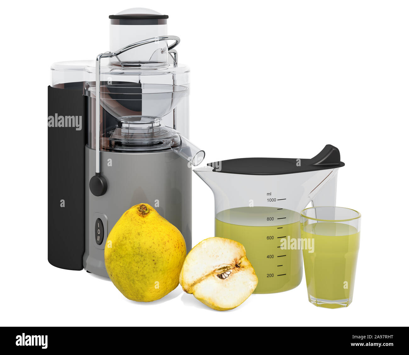 Quince juice with electric juicer, 3D rendering isolated on white ...