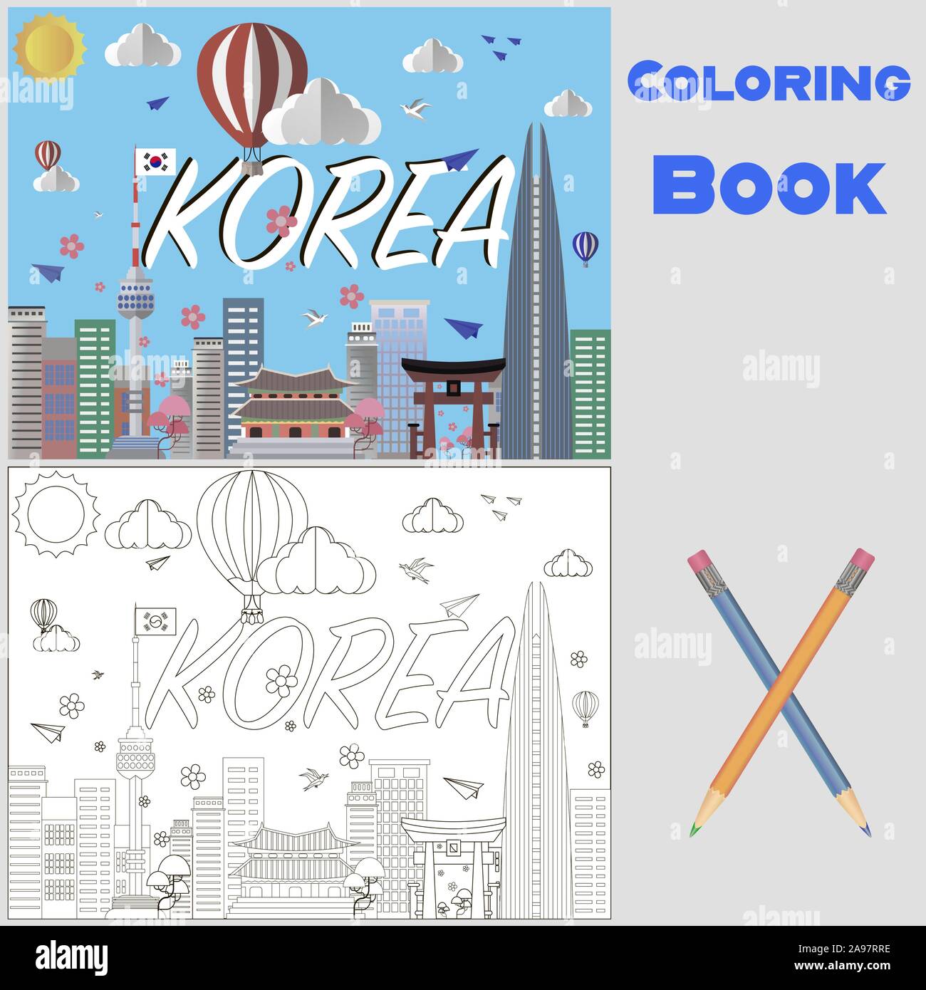 South Korea country city skyline with flag, craft vector illustration ...