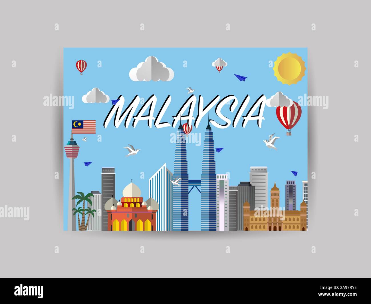 Malaysia Kuala Lumpur country city skyline with flag, craft vector ...