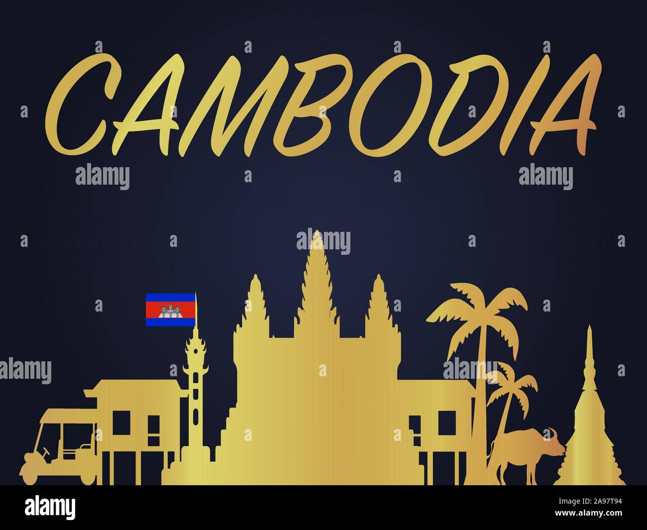Cambodia khmer country city skyline with flag, craft vector ...