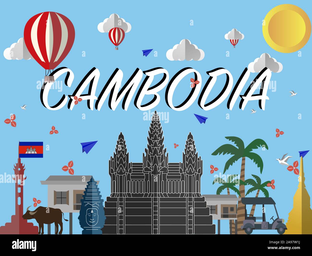 Cambodia khmer country city skyline with flag, craft vector ...