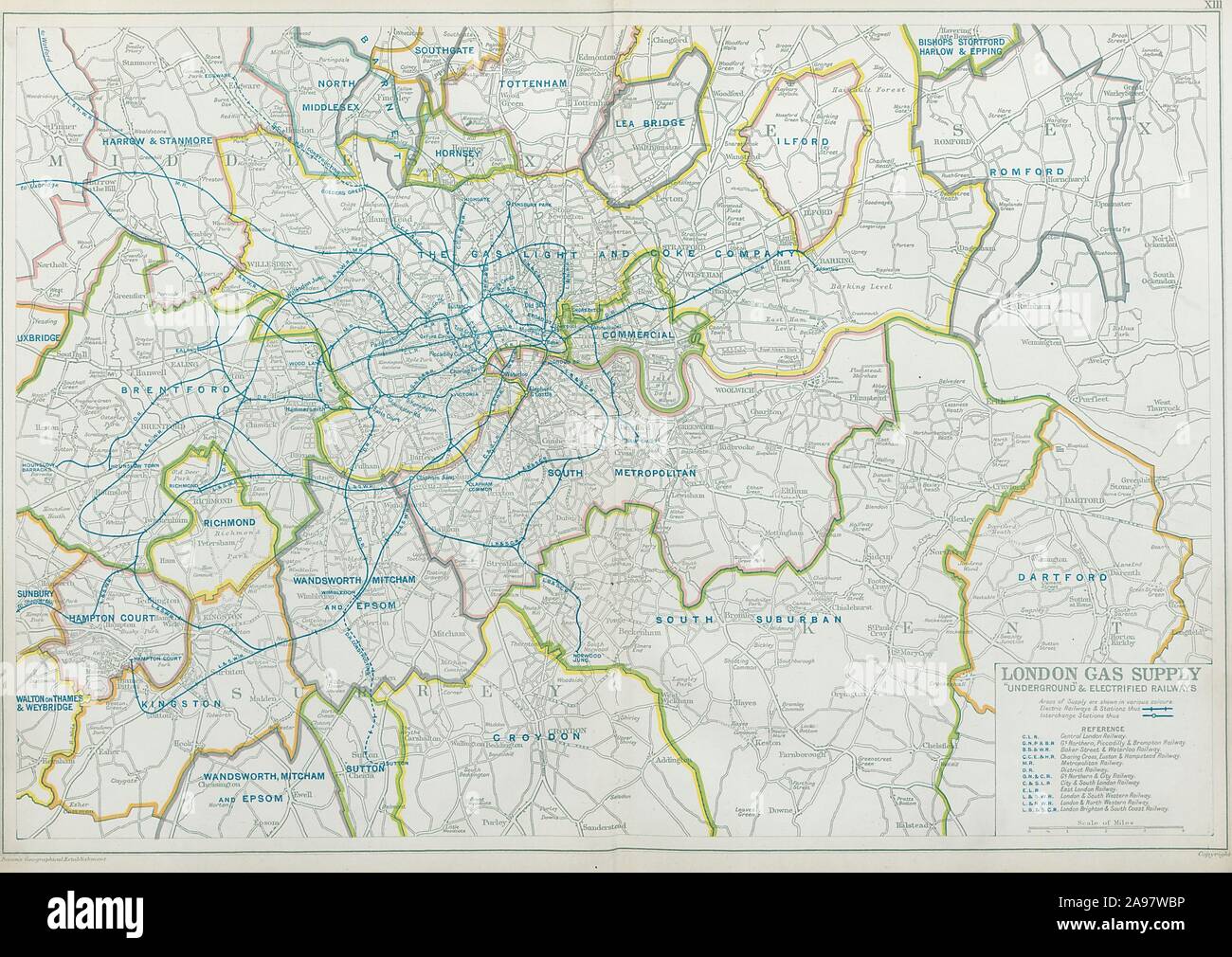LONDON GAS SUPPLY areas + UNDERGROUND/Tube & electrified railways.BACON ...