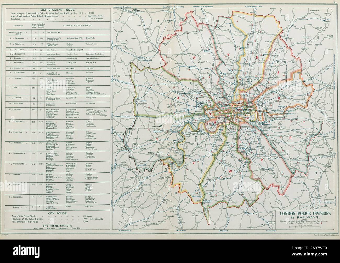 LONDON POLICE DIVISIONS & RAILWAYS showing Police stations. BACON 1920 ...