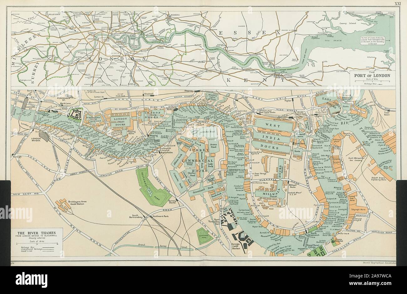 THE PORT OF LONDON showing wharves & docks. Thames. Vintage map. BACON ...