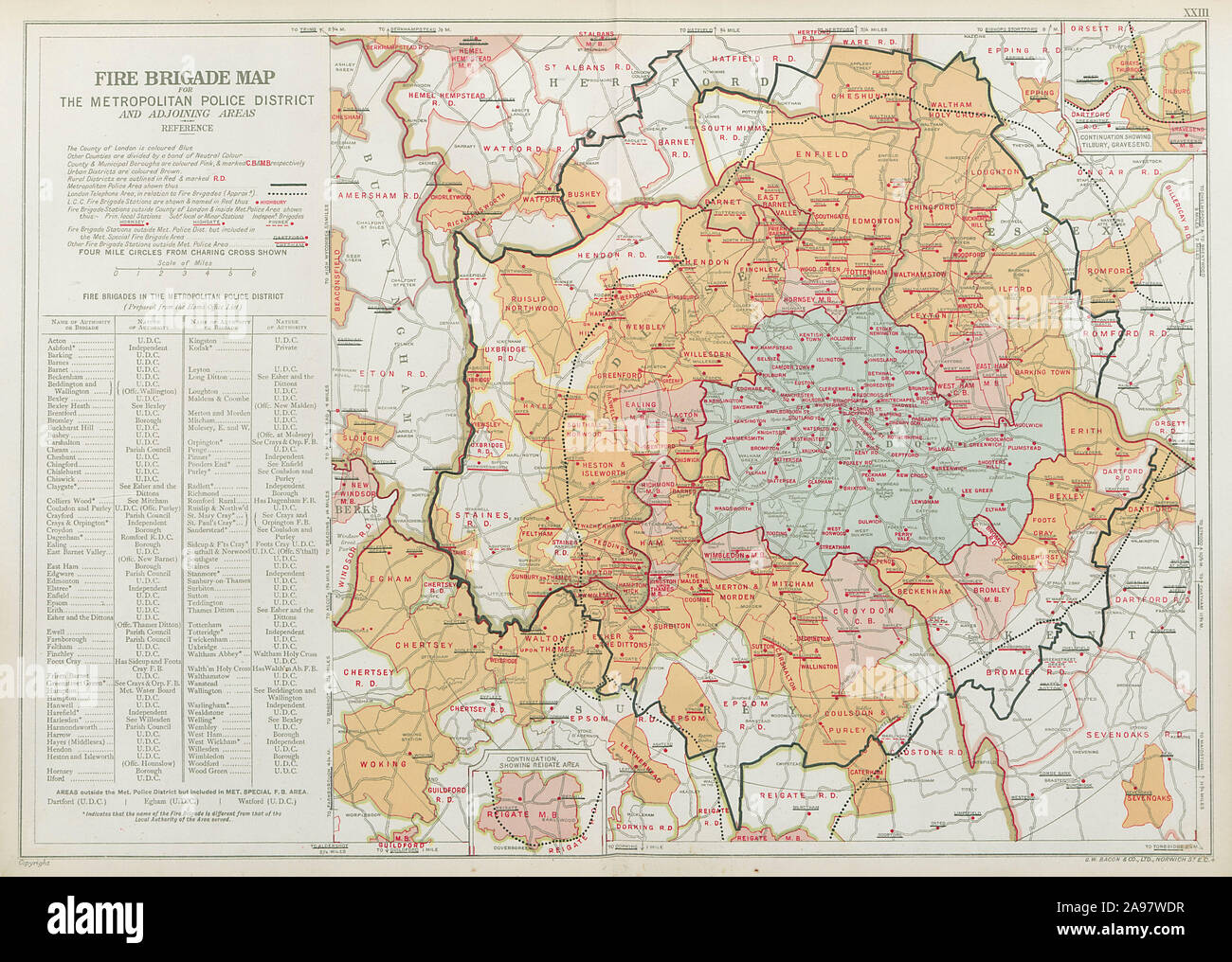 LONDON FIRE BRIGADE. Showing Fire Brigade Stations. Vintage map. BACON ...