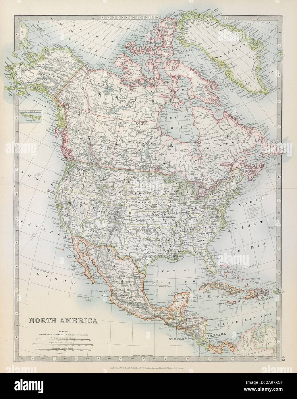 NORTH AMERICA. United States Canada Mexico. Railways. JOHNSTON 1915 old ...