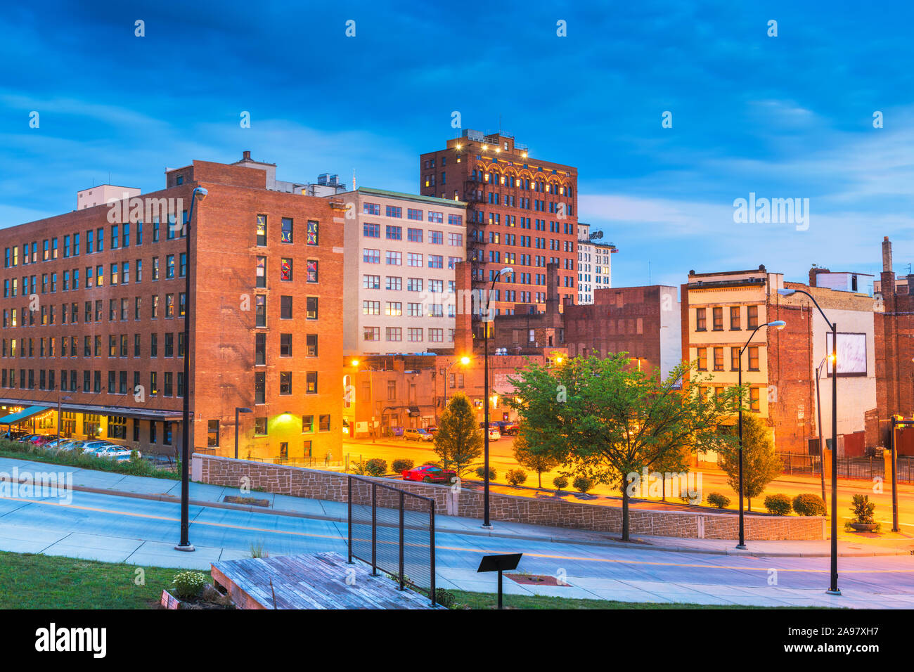 Youngstown, Ohio, USA downtown road and townscape at twilight Stock ...