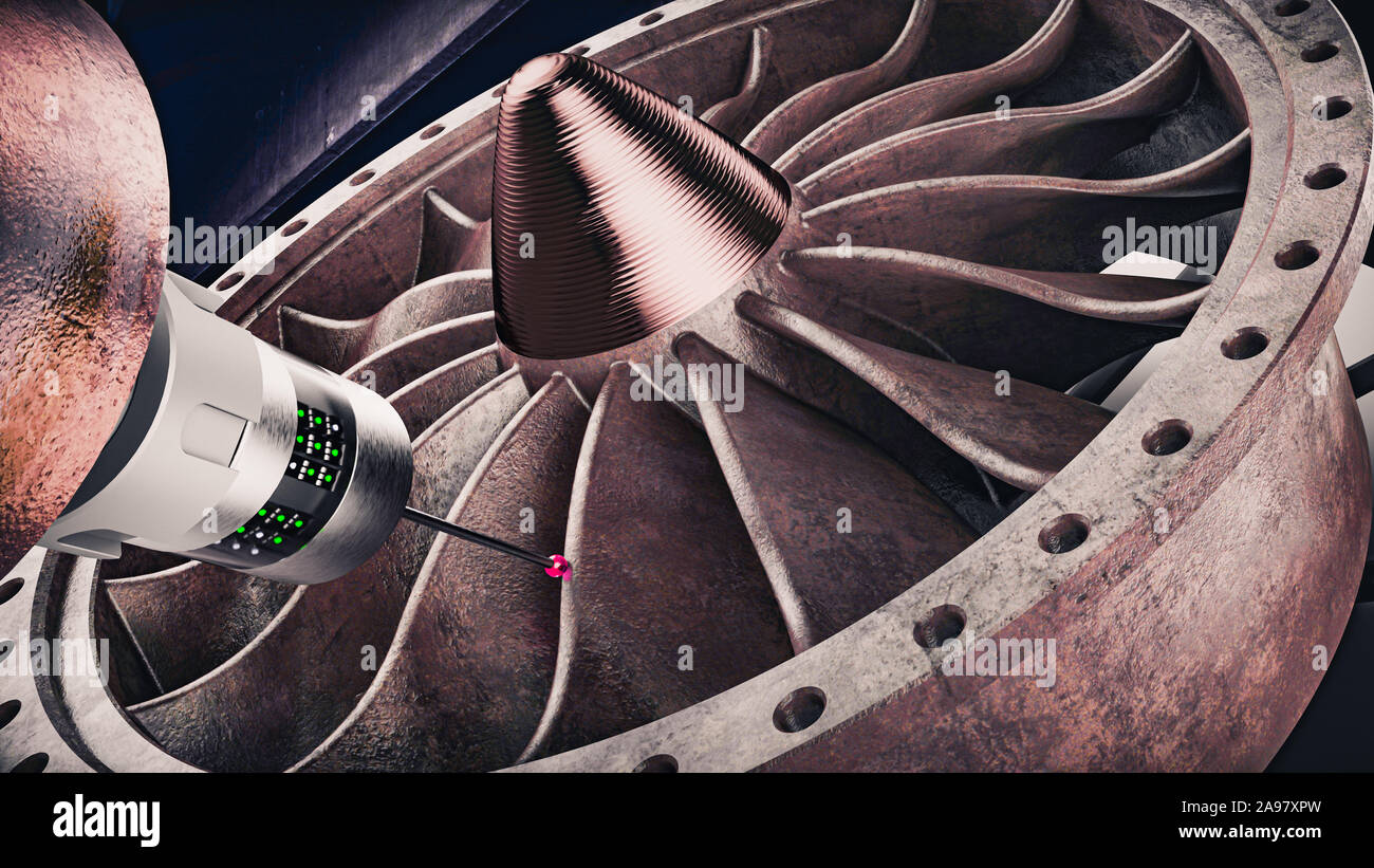 Milling aluminum turbine in five axis CNC machine. Template, mockup ...