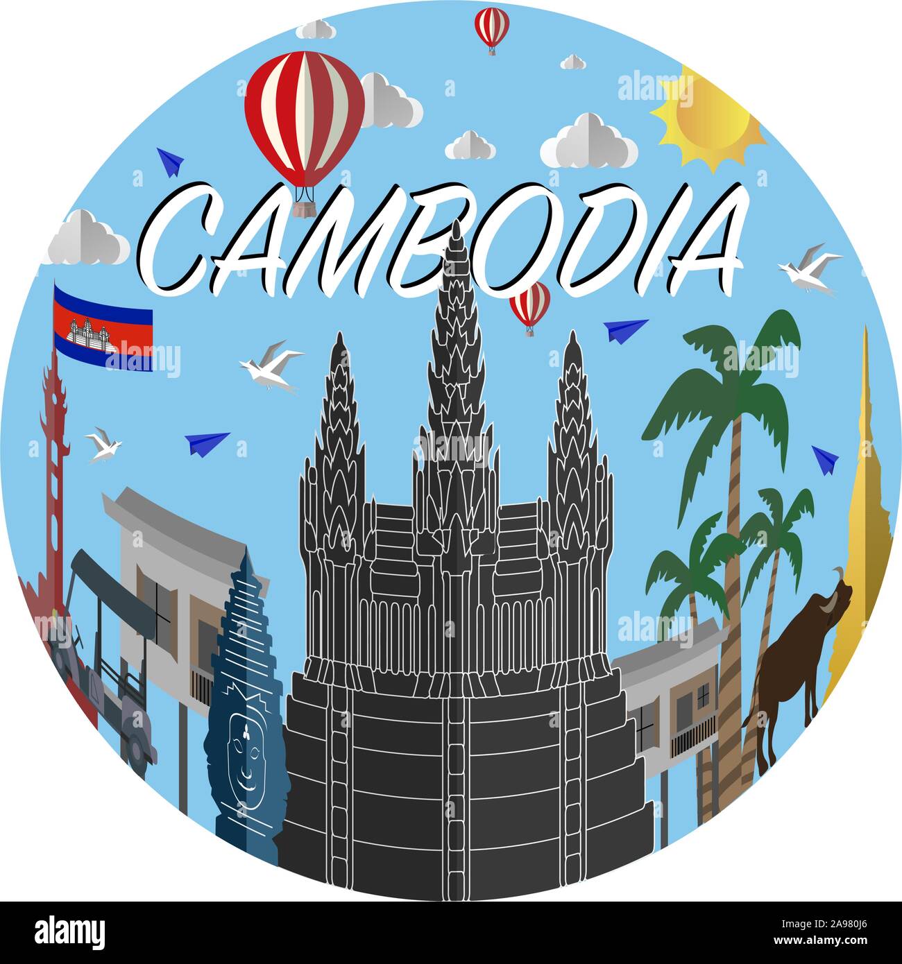Cambodia khmer country city skyline with flag, craft vector ...