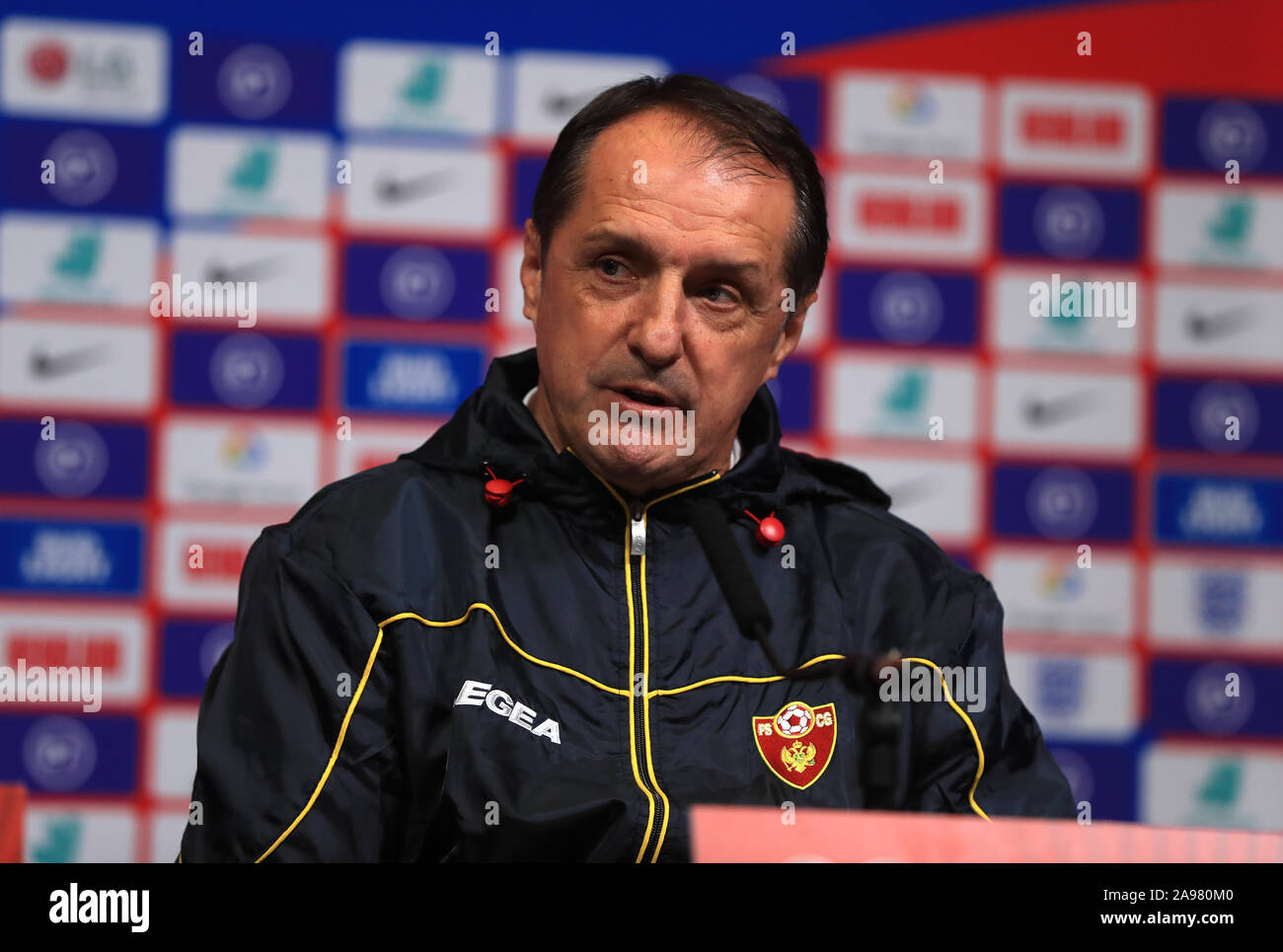 Montenegro head coach Faruk Hadzibegic during the press conference at Wembley Stadium, London ...