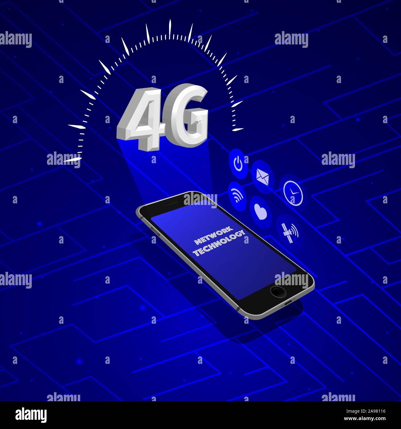 Isometric mobile network system. Wireless Internet of things technology. 4g, LTE digital ...