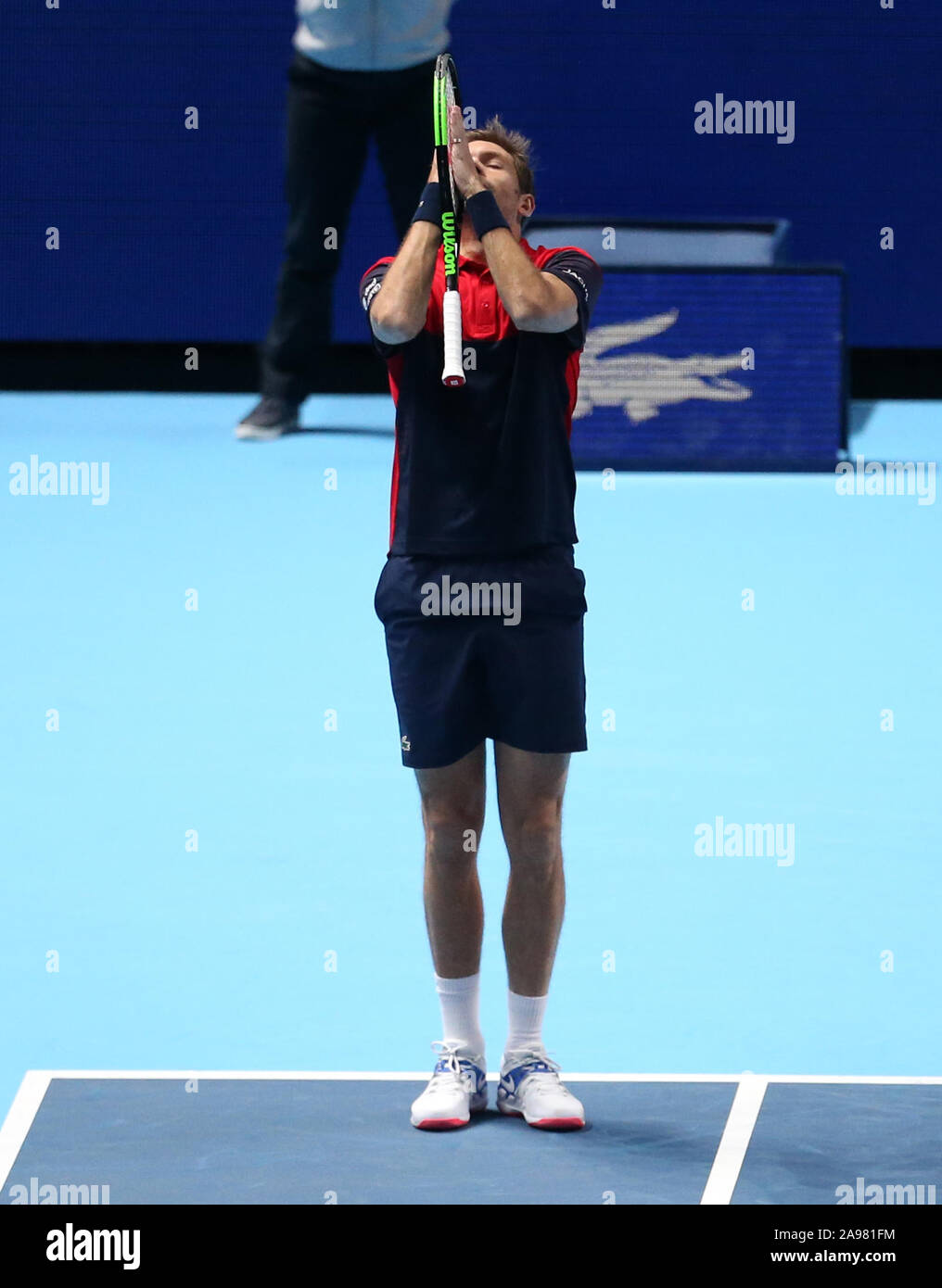 Nicolas Mahut reacts on day four of the Nitto ATP Finals at The O2 ...